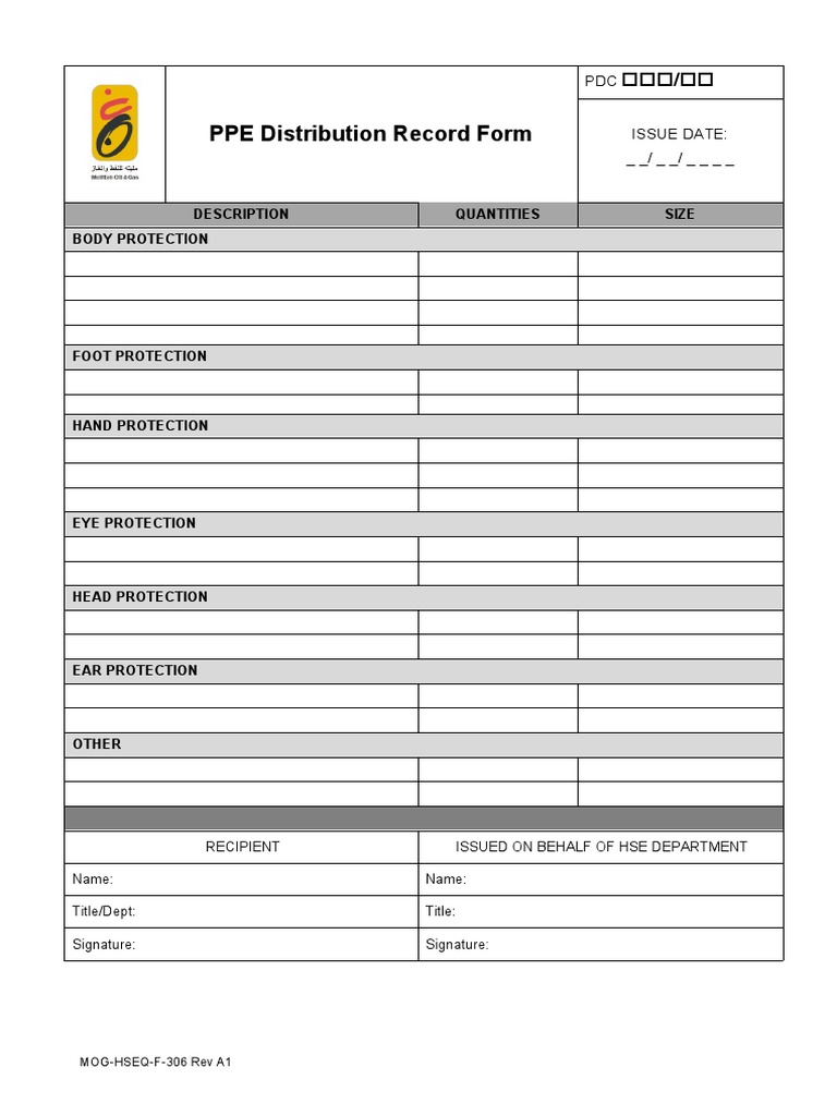 MOG-HSEQ-F-306 Rev A1 - PPE Distribution Record Form | PDF | Business