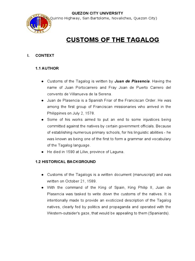 Customs of The Tagalog: Quezon City University | PDF
