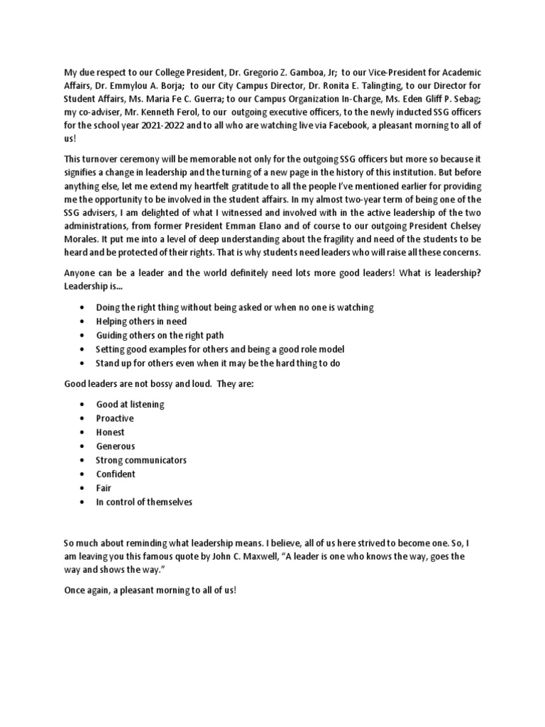 Turn Over Ceremony Speech | PDF