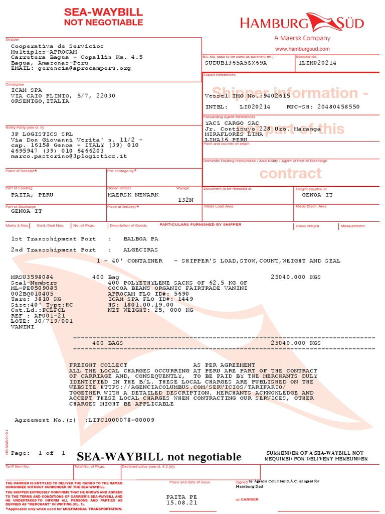 Shipper Information - Not Part of This Contract: SEA-WAYBILL Not ...