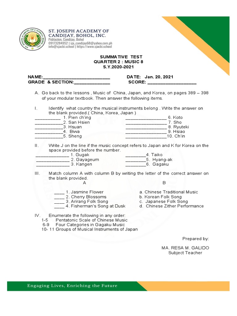 Summative Test Quarter 2: Music 8 S.Y.2020-2021 NAME: - DATE: Jan. 20 ...