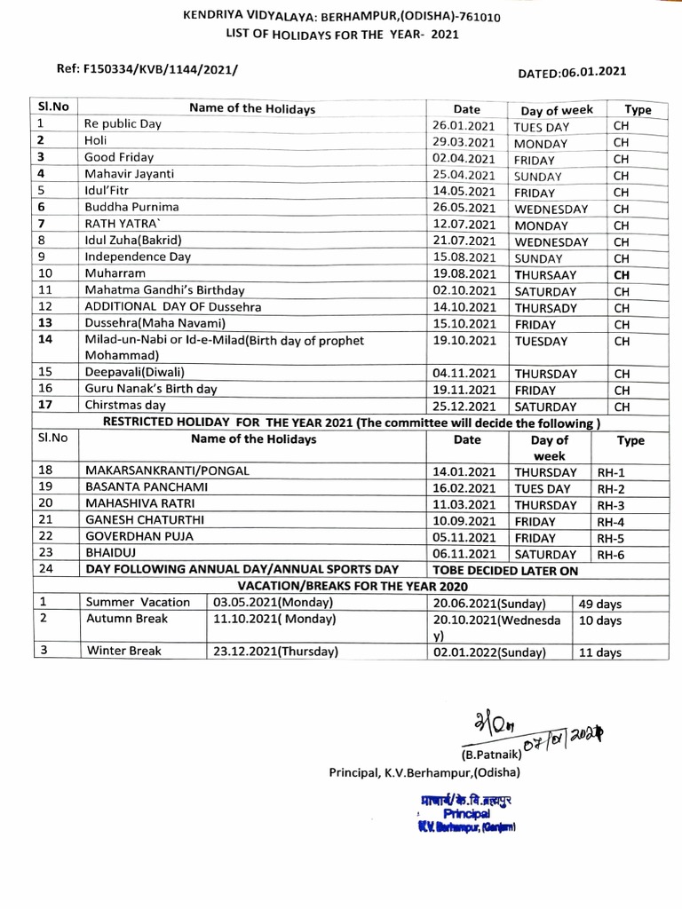 List of Holidays For The Year-2021 | PDF | Holidays | Observances