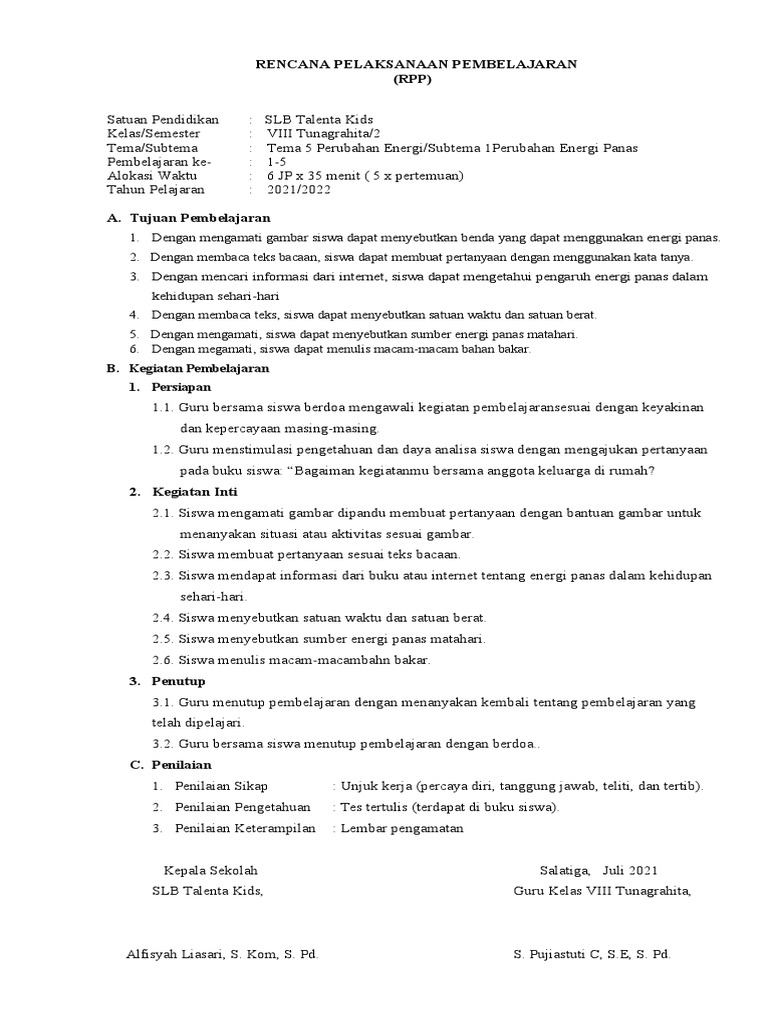 RPP Kelas 8 Tunagrahita Tema 5 Perubahan Energi ST 1 | PDF