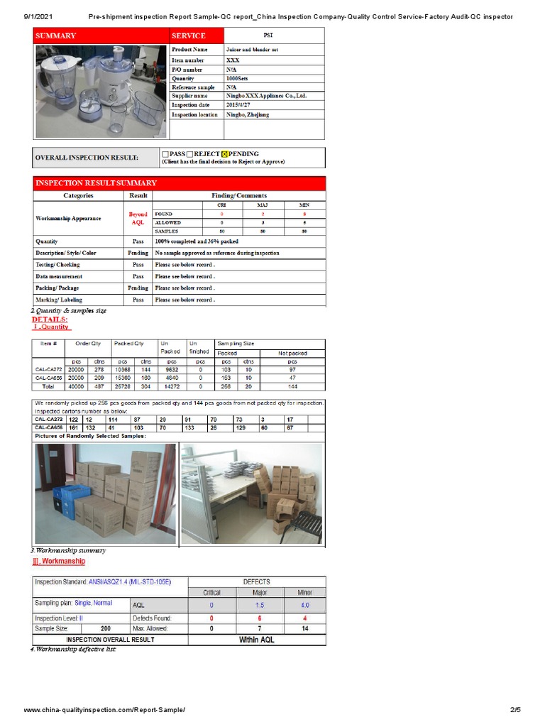 Pre-Shipment Inspection Report Sample-QC Report - China Inspection ...