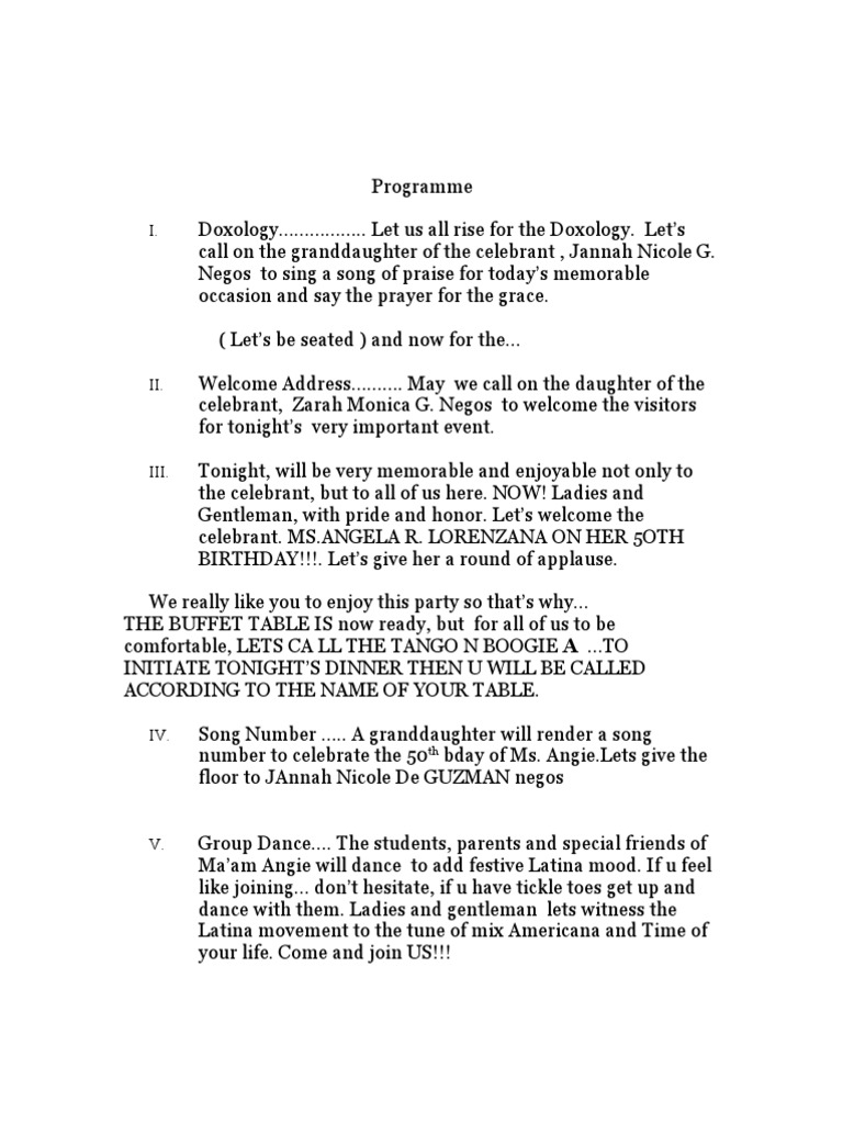 Programme for the emcee.