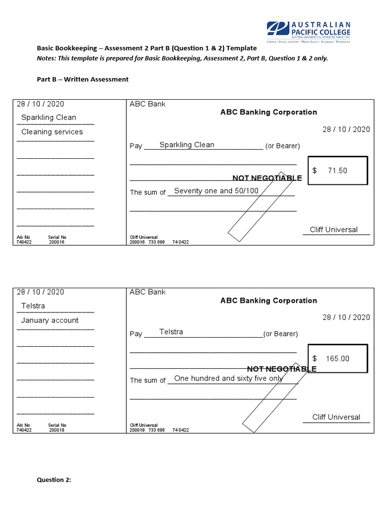 Basic Bookkeeping Assessment 2 Part B Question 1 2 Template | PDF ...