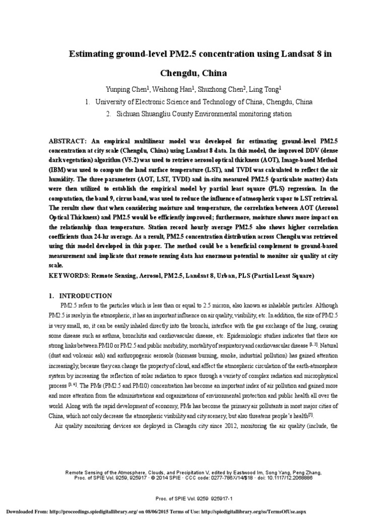 Estimating Ground-Level PM2.5 Concentration Using Landsat 8 in Chengdu, China | Download Free ...