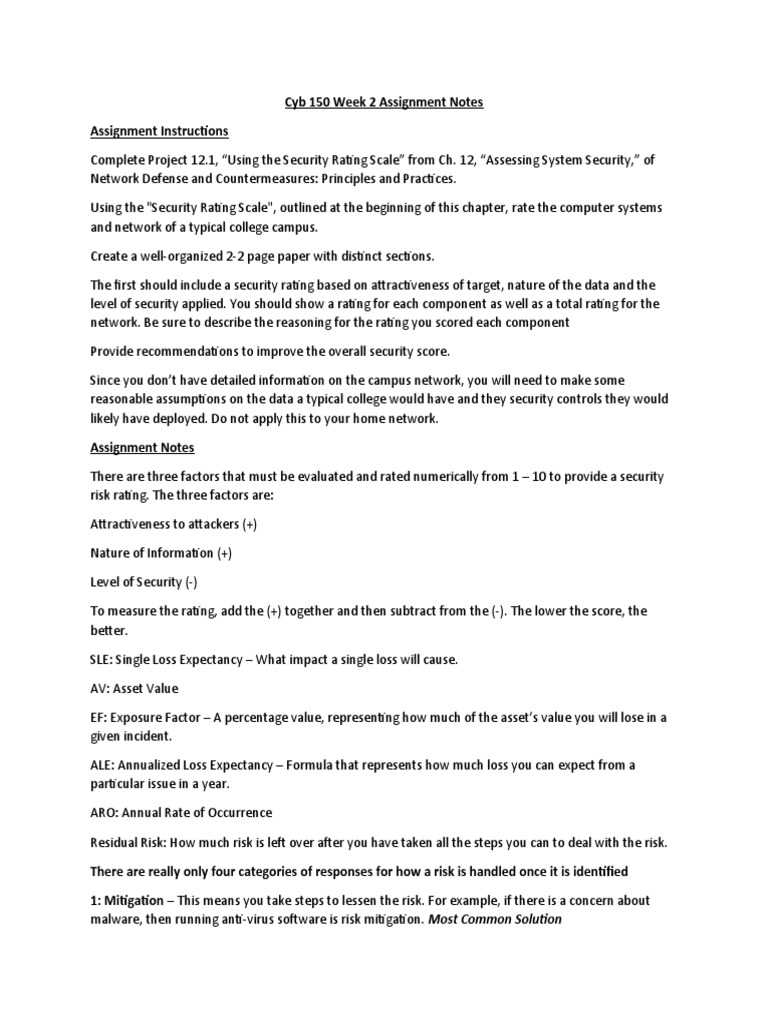 Cyb 150 Week 2 Assignment Notes | PDF | Risk | Risk Assessment