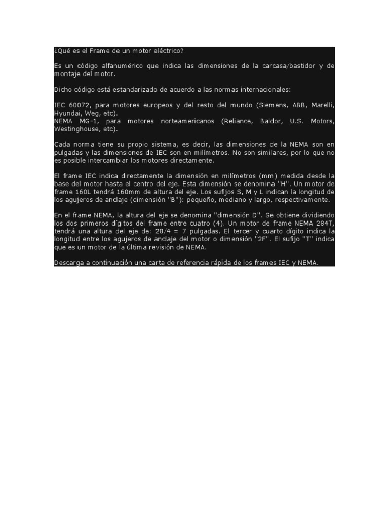 Qué es el Frame de un motor eléctrico | PDF