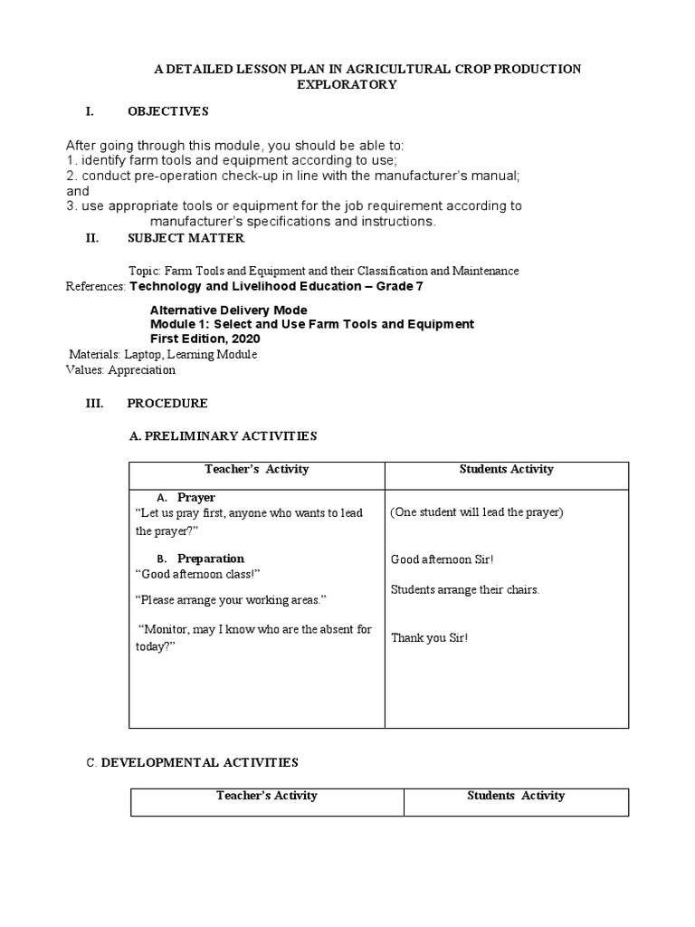 A Detailed Lesson Plan in Agricultural Crop Production Exploratory ...