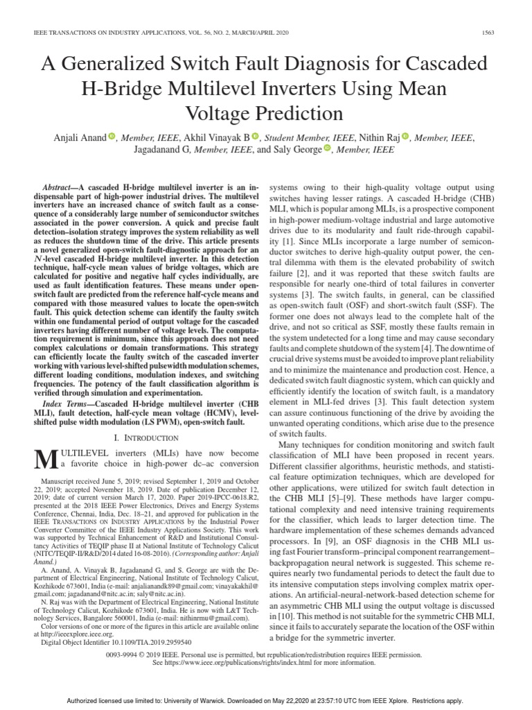 A Generalized Switch Fault Diagnosis For Cascaded H-Bridge Multilevel Inverters Using Mean ...