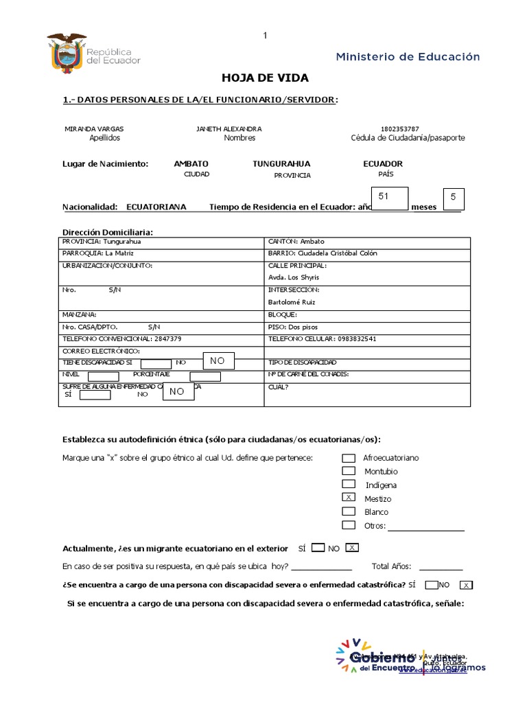 1 Hoja de Vida Institucional JANETH MIRANDA | PDF | Ecuador