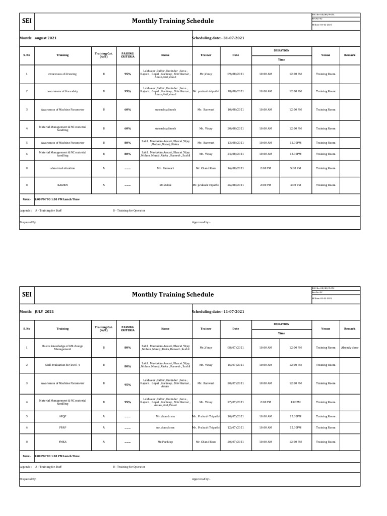 Monthly Training Schdule | PDF | Business Process | Systems Engineering