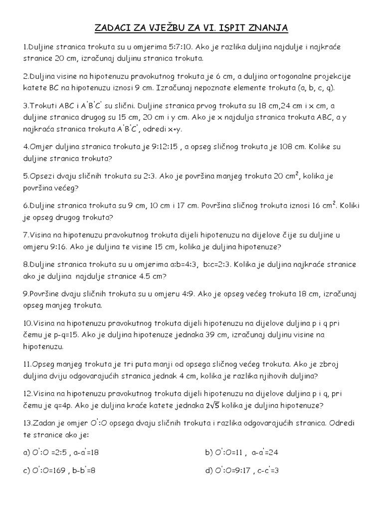 ZADACI ZA VJEZBU ZA VI Ispit Znanja | PDF