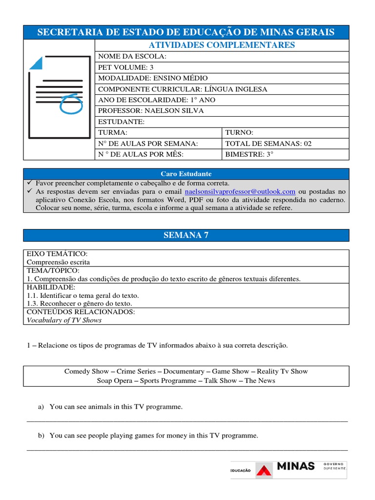 Atividade Complementar - 1° Ano - 3° Bimestre | PDF