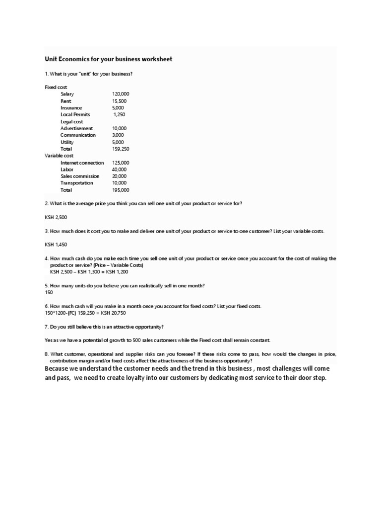 Unit Economics For Your Business Worksheet | PDF | Business | Finance ...