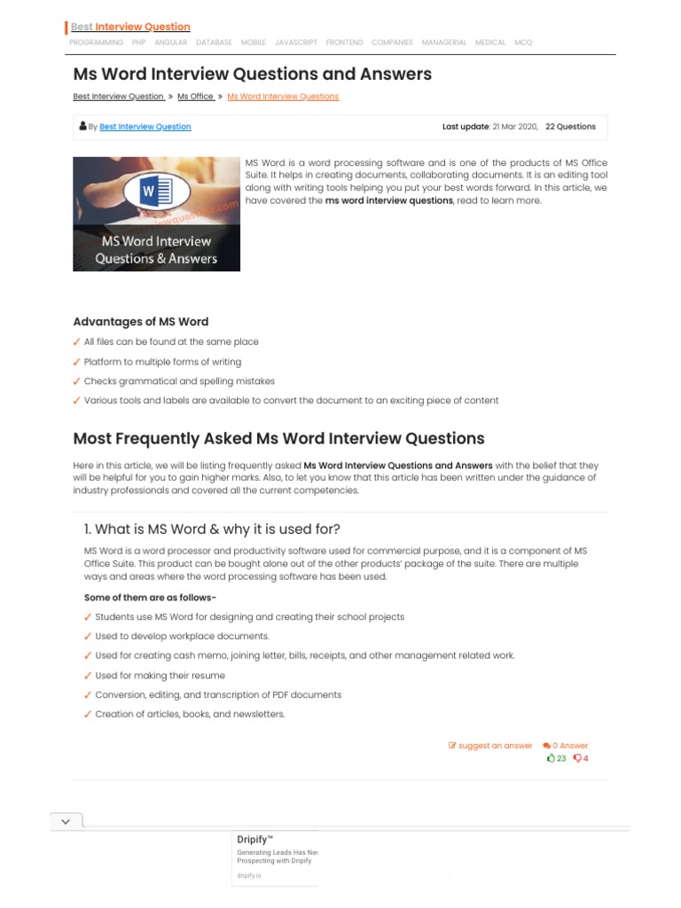Top 20+ Ms Word Interview Questions - Best Interview Question | PDF ...