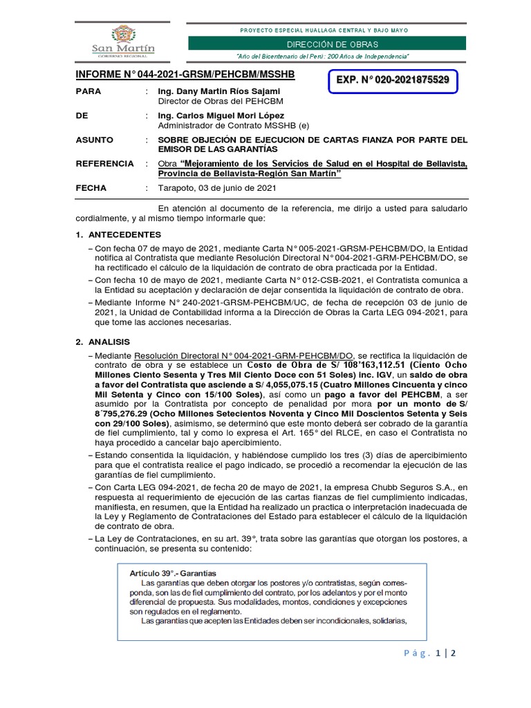 Dirección de Obras: Informe #044-2021-Grsm/Pehcbm/Msshb EXP. #020-2021875529 | PDF | Perú ...