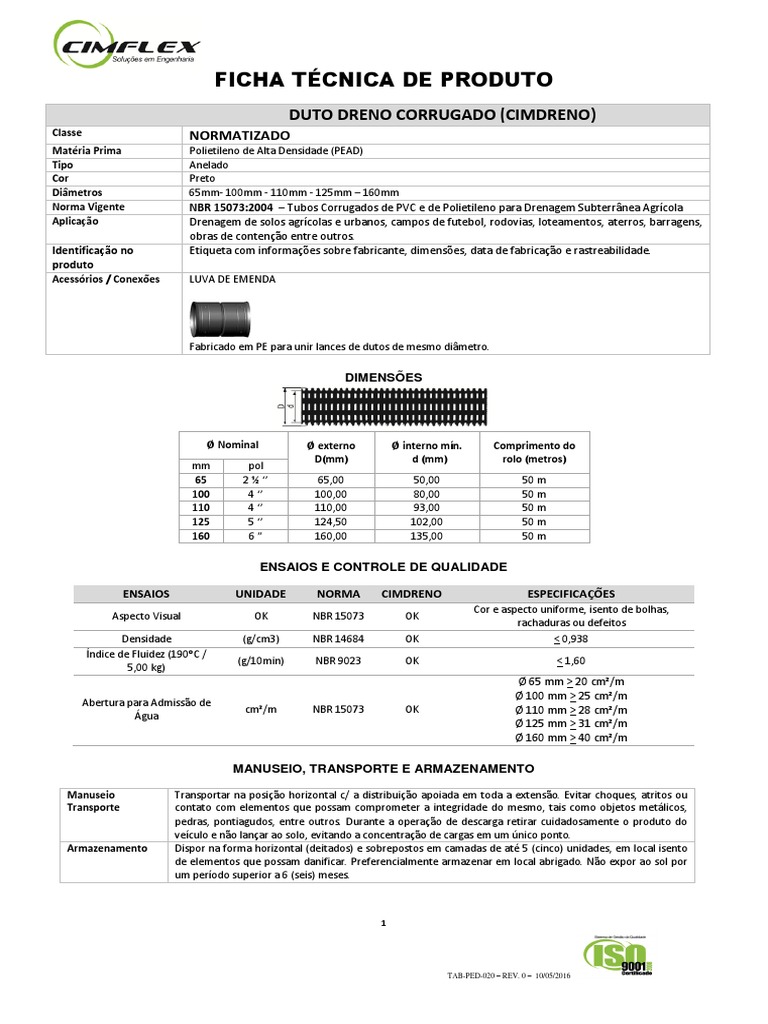 Ficha Tecnica de Produto CIMDRENO Corrugado Normatizado | PDF