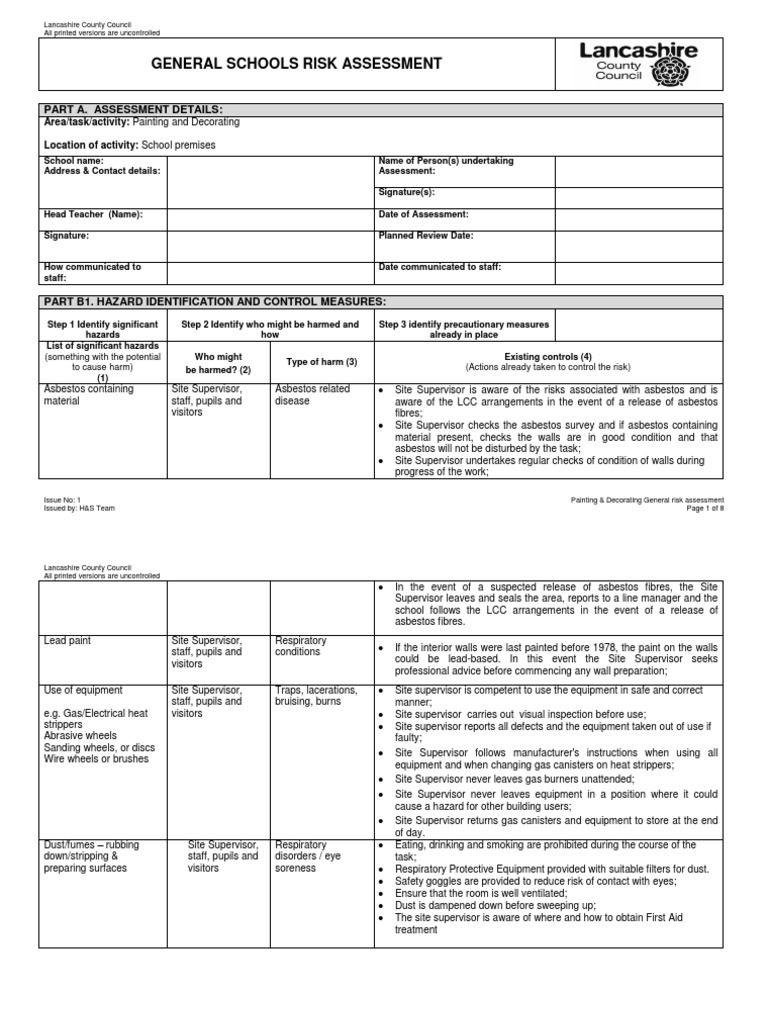General Schools Risk Assessment: Part A. Assessment Details | Download ...