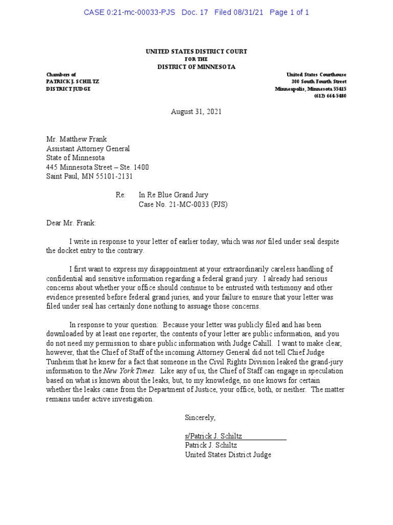 Letter of Judge Schiltz | PDF | Judge | Grand Juries In The United States