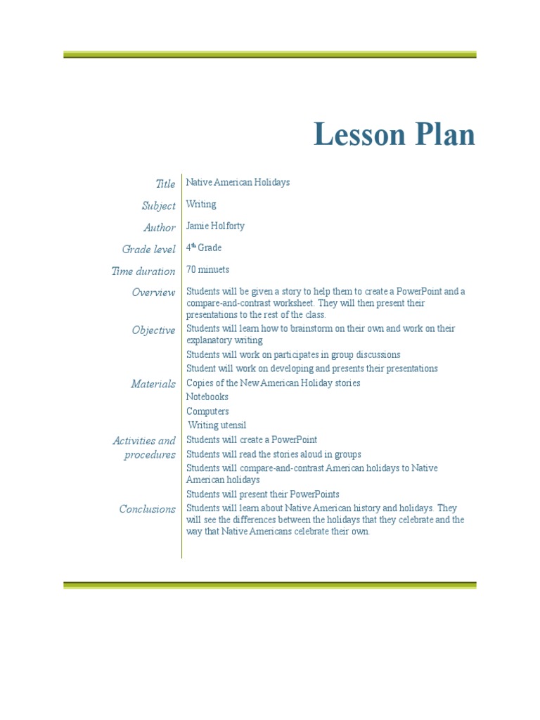 Lesson Plan: Title Subject Author Grade Level Time Duration Objective ...