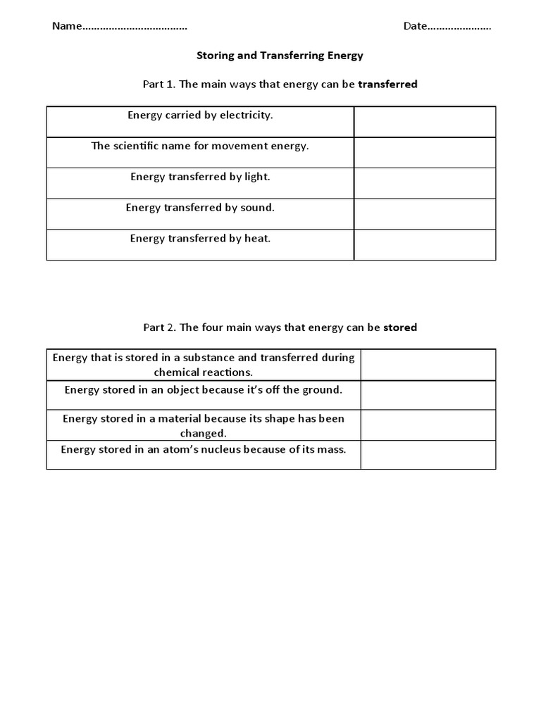 Energy Transfer Worksheets | PDF