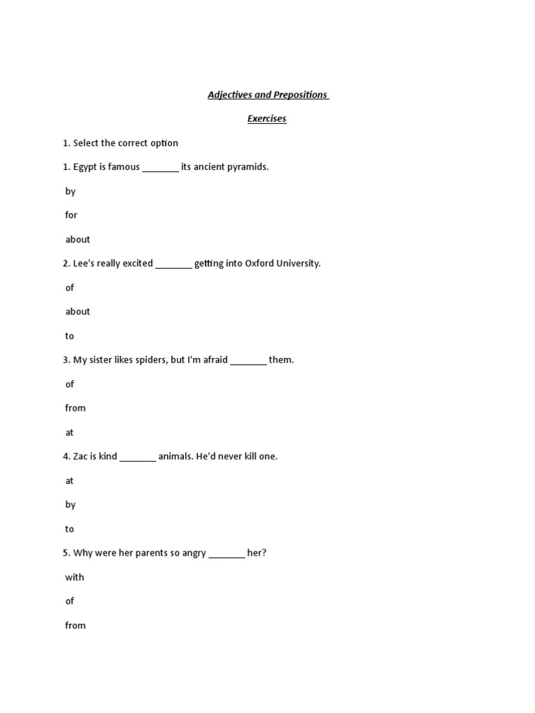 Adjectives + Prepositions Exercises | PDF