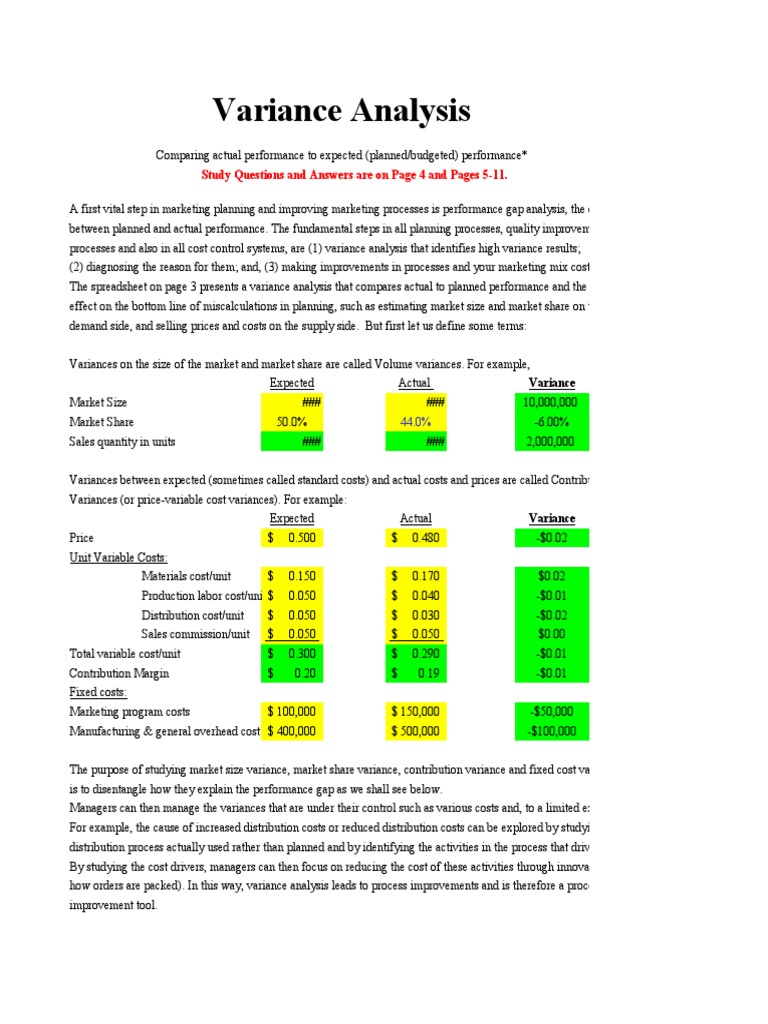 Variance Analysis: Study Questions and Answers Are On Page 4 and Pages ...