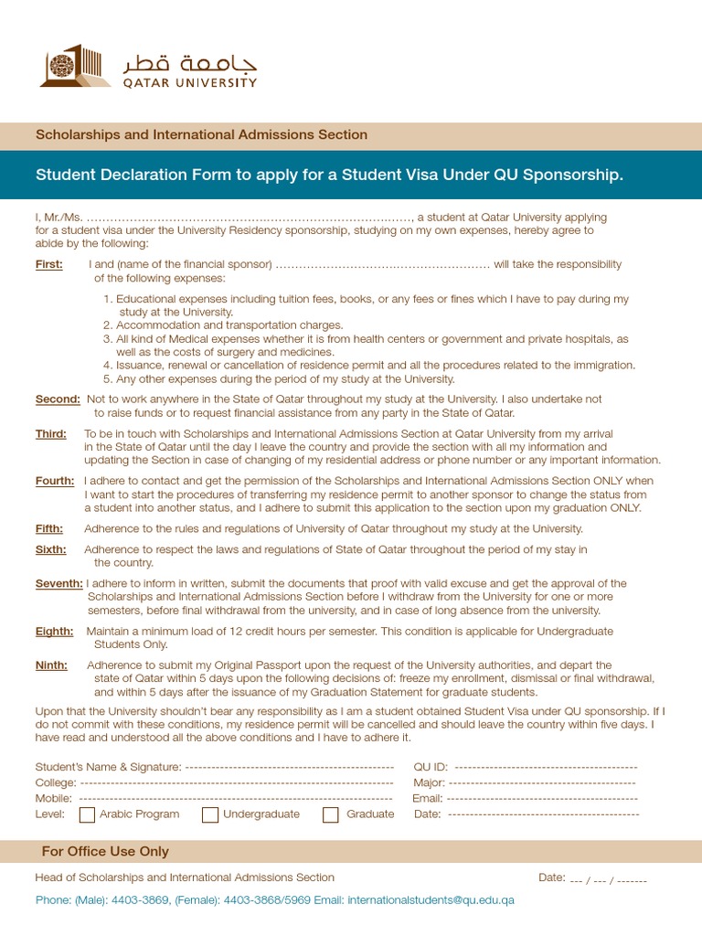 Student Declaration Form To Apply For A Student Visa Under QU ...