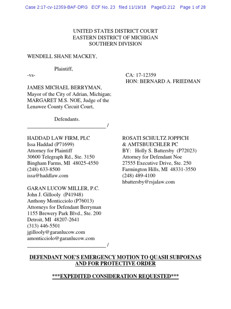 Motion Quash Subpoena ED MI | PDF | Discovery (Law) | Lawsuit