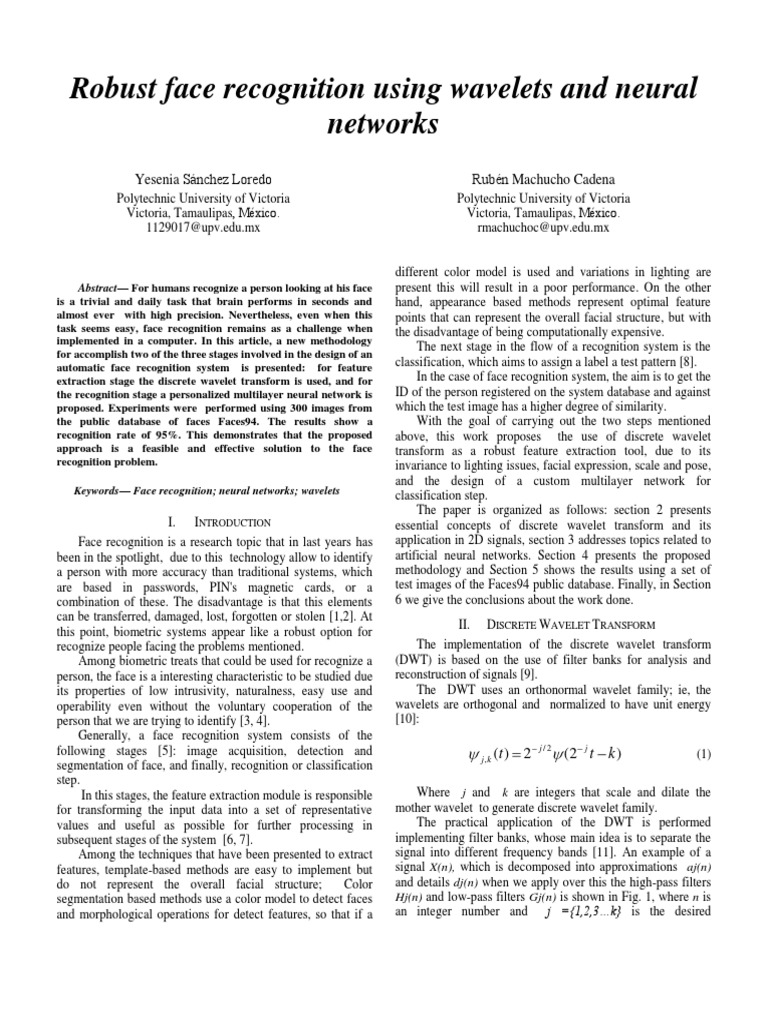 Robust Face Recognition Using Wavelets And Neural Networks Pdf Algorithms Applied Mathematics