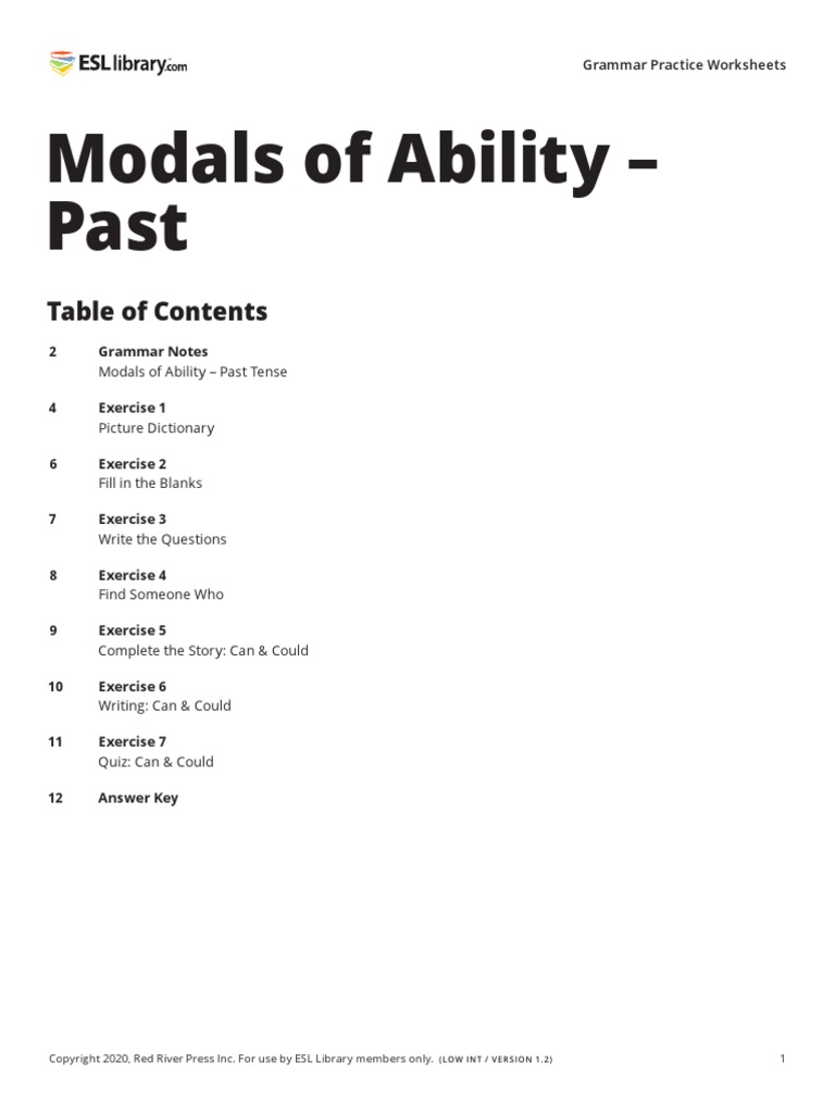 Modals of Ability - Past: Grammar Practice Worksheets | PDF | Verb ...
