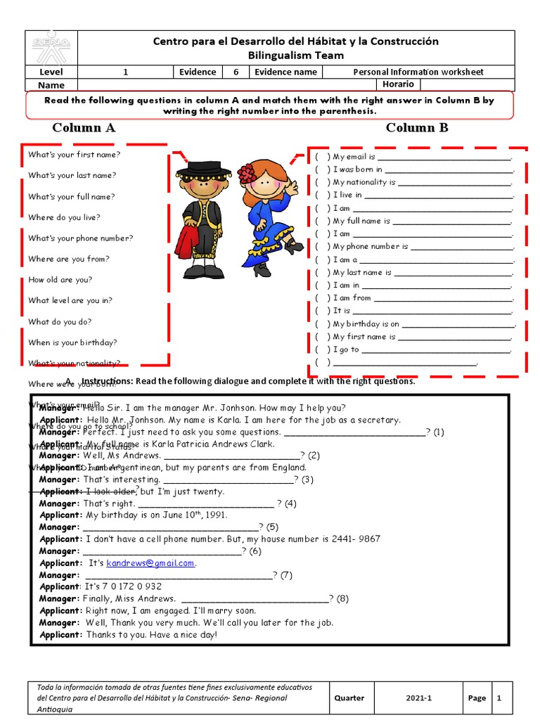 Personal Information Worksheet Template | PDF | Language Arts & Discipline