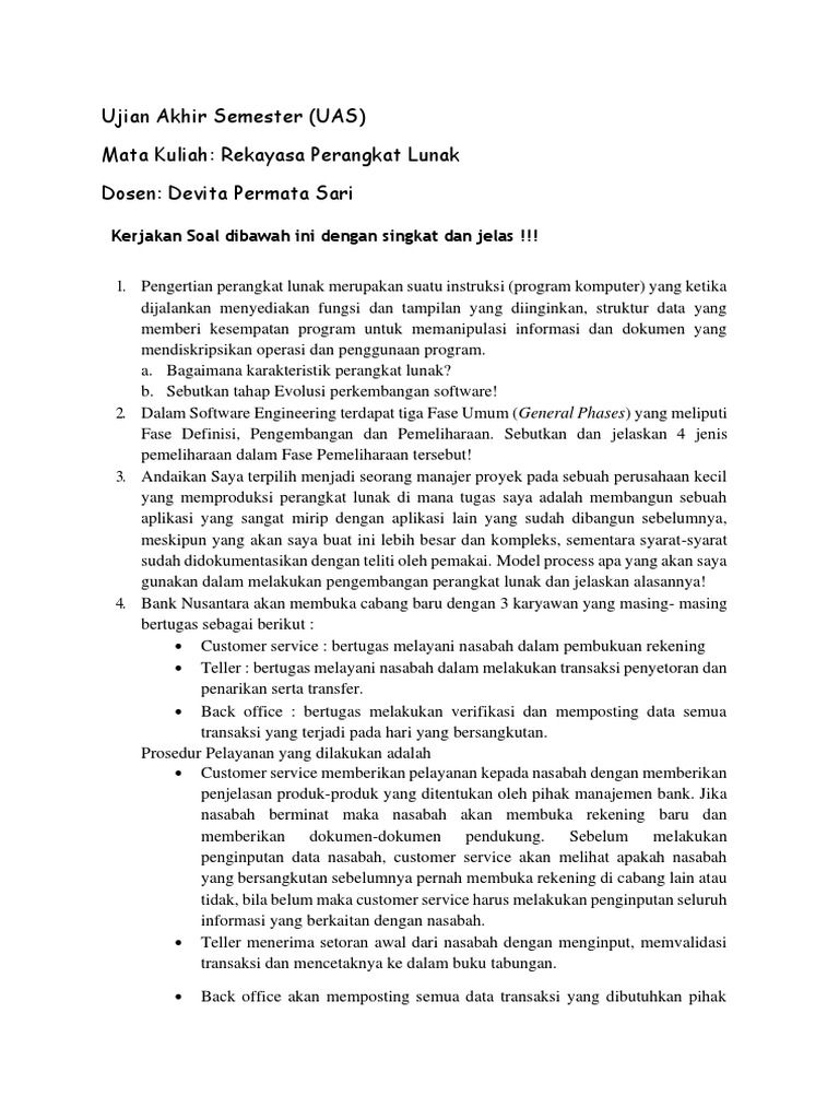 Ujian Akhir Semester (UAS) Mata Kuliah: Rekayasa Perangkat Lunak Dosen ...