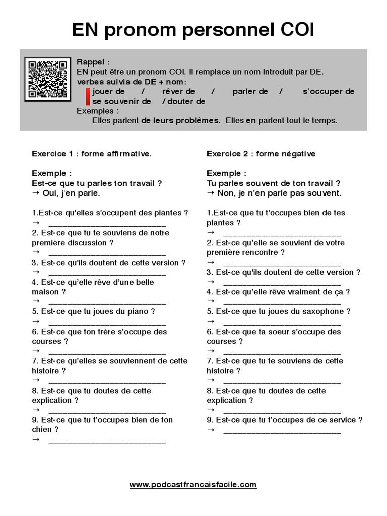 Exercices sur le pronom COI "en" | PDF | Échecs | Théorie (échecs)