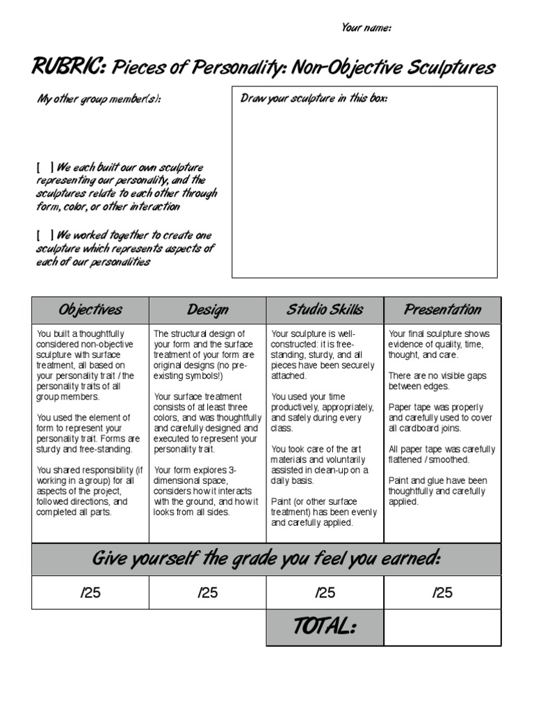 Non-Objective Sculpture Project Rubric | PDF | Cognition | Sculpture