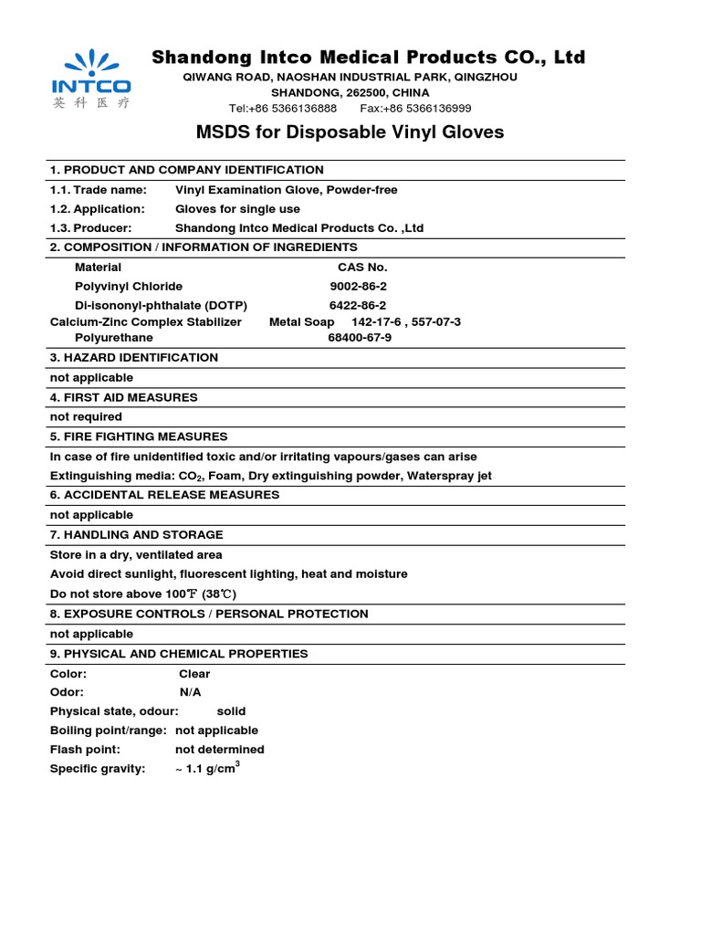 MSDS For PVC Gloves | PDF | Polyvinyl Chloride | Chemistry