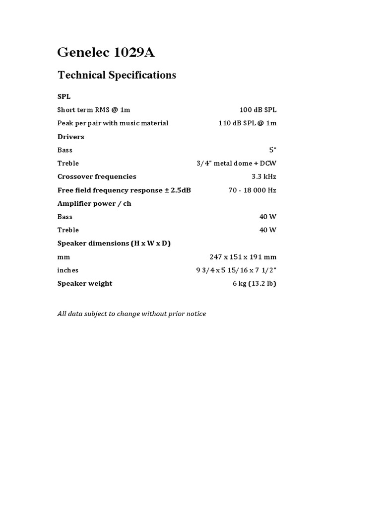 Genelec 1029a Specs | PDF