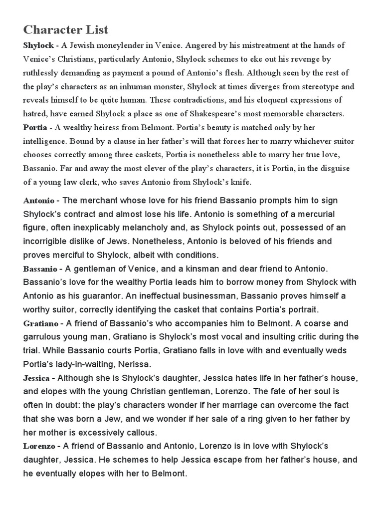 Character List | PDF | The Merchant Of Venice | Shylock