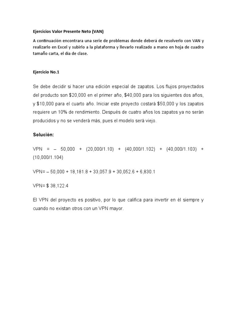 Ejercicios Valor Presente Neto | PDF | Valor presente neto | Economias