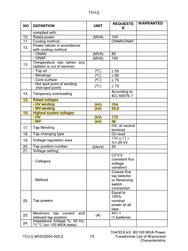 TEİAŞ-MYD-2004-003.2 Technical Specification For Power Transformer (400 KV-MV, 154 KV-MV) PDF ...