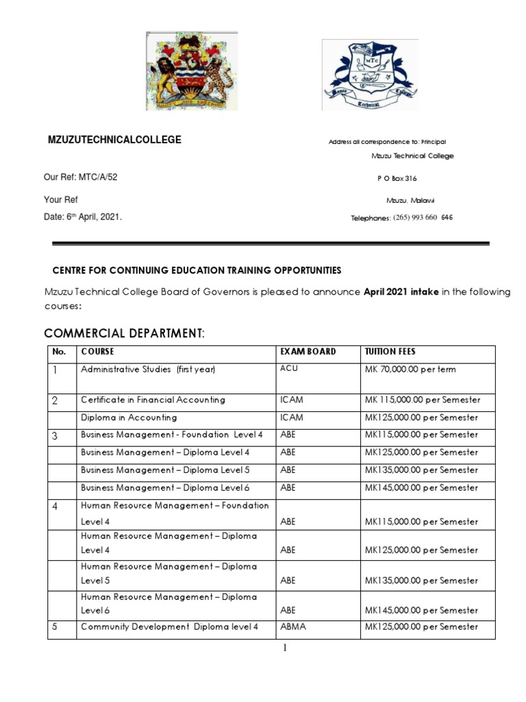 Mzuzu Technical College 2021 Course Intake | PDF | Educational Stages ...