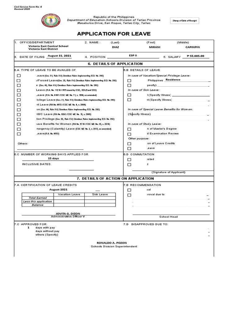 CS Form No. 6 Revised 2020 Application For Leave Fillable | PDF ...