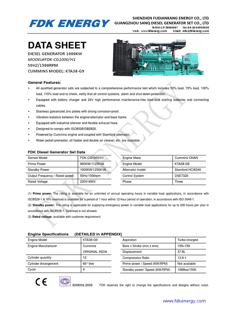 Data Sheet: Diesel Generator 1000Kw 50HZ/1500RPM Cummins Model: Kta38 ...