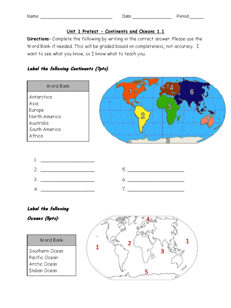 Unit 1 Pre-Test Continents Oceans 1 | PDF