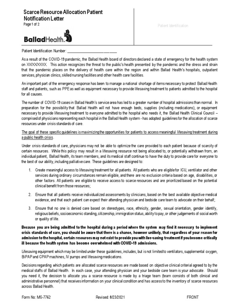 BH COVID-19 Scarce Resource Allocation Patient Notification Letter 2021 ...