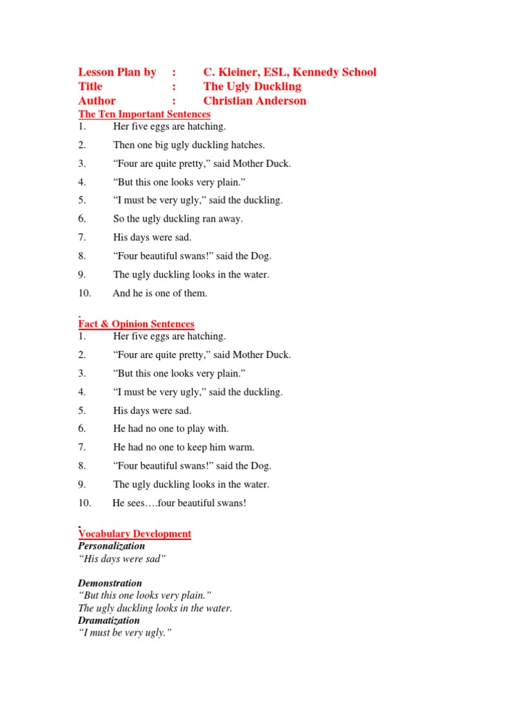 Lesson Plan By: C. Kleiner, ESL, Kennedy School Title: The Ugly ...