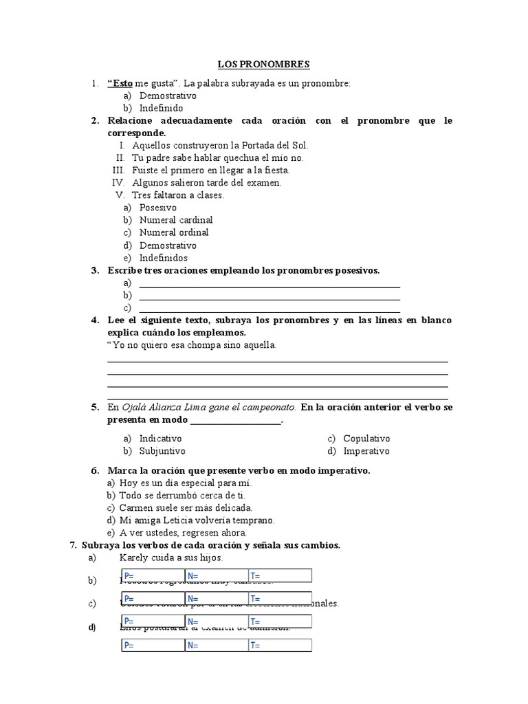 PRÁCTICA CALIFICADA - Los Pronombres y Los Verbos | PDF