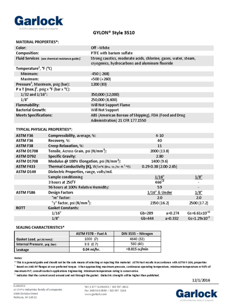 Garlock GYLON Style 3510 Spec Sheet - (NA) 2016-12 EN | PDF | Applied ...
